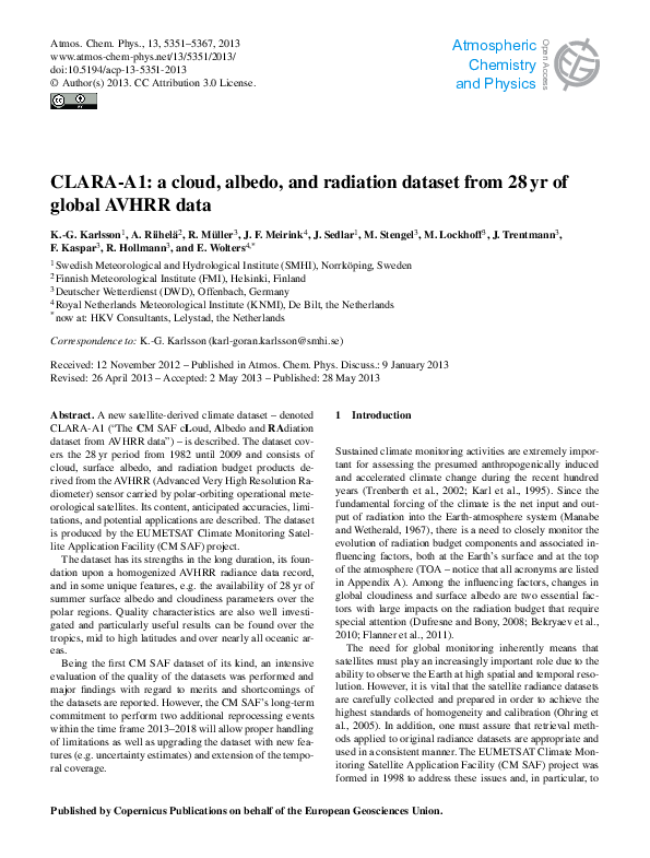 (PDF) CLARA-A1: a cloud, albedo, and radiation dataset from 28 yr of global AVHRR data