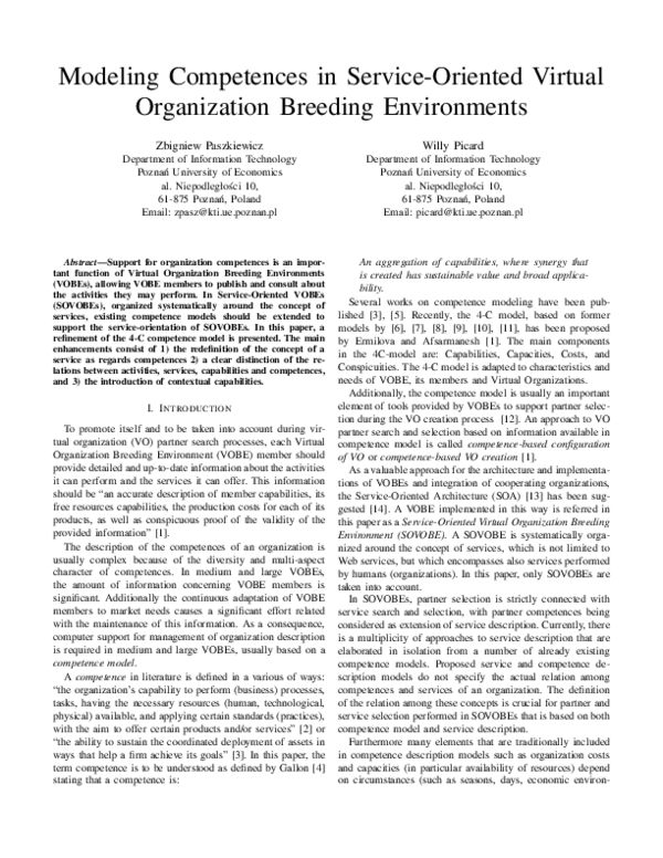 (PDF) Modeling competences in Service-Oriented Virtual Organization Breeding Environments