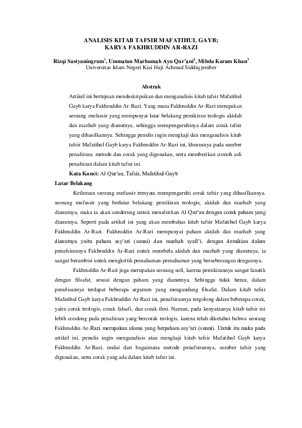 (PDF) ANALISIS KITAB TAFSIR MAFATIHUL GAYB; KARYA FAKHRUDDIN AR-RAZI