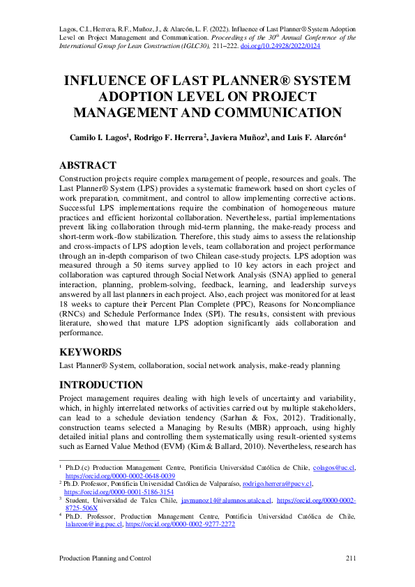 (PDF) Influence of Last Planner® System Adoption Level on Project ...
