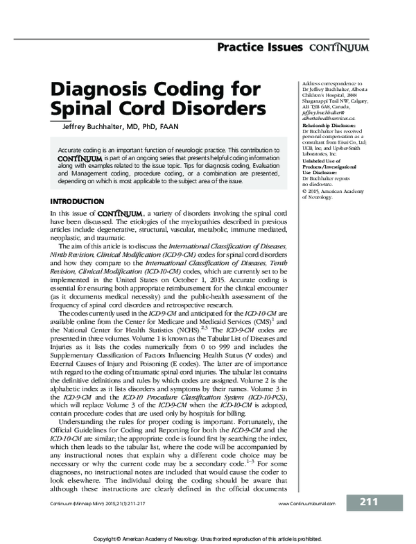 (PDF) Diagnosis coding for spinal cord disorders