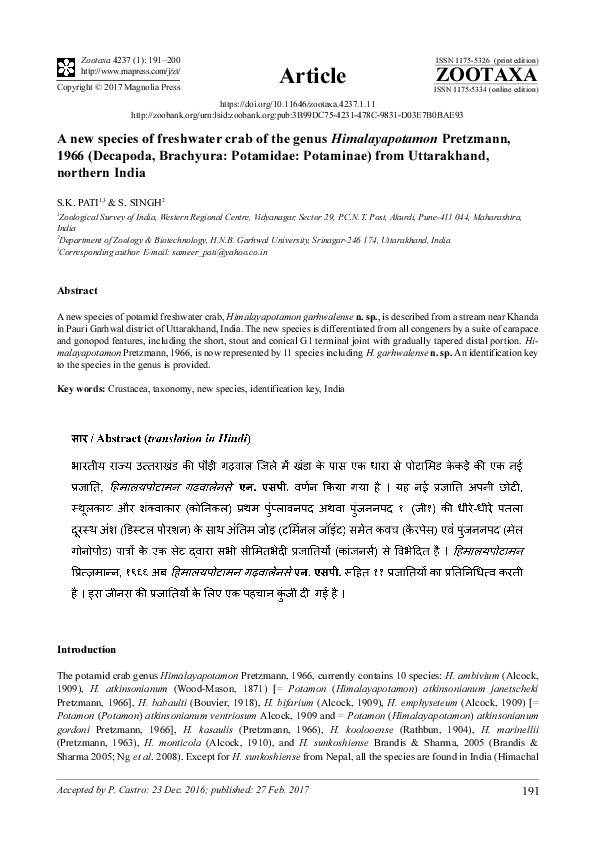 (PDF) A new species of freshwater crab of the genus Himalayapotamon ...