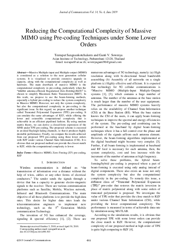 Pdf Reducing The Computational Complexity Of Massive Mimo Using Pre Coding Techniques Under