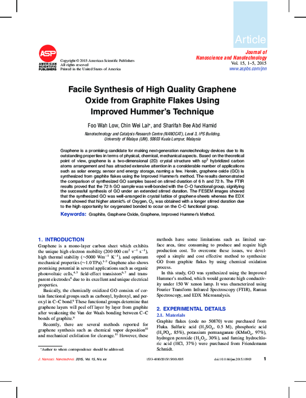 (PDF) Facile Synthesis of High Quality Graphene Oxide from Graphite Flakes Using Improved Hummer ...