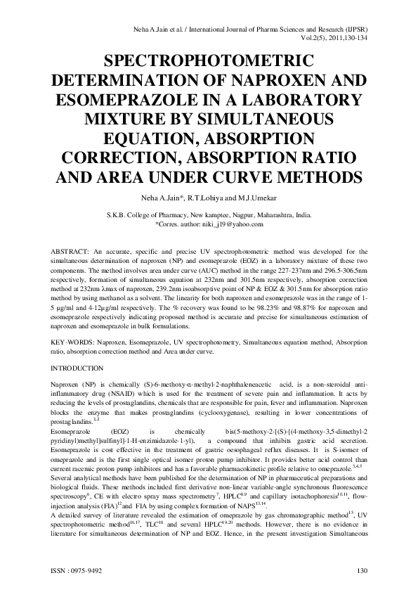 (PDF) Spectrophotometric Determination of Naproxen and Esomeprazole in ...