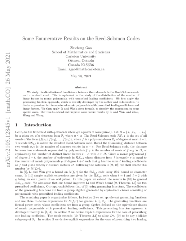 (PDF) Some Enumerative Results on the Reed-Solomon Codes