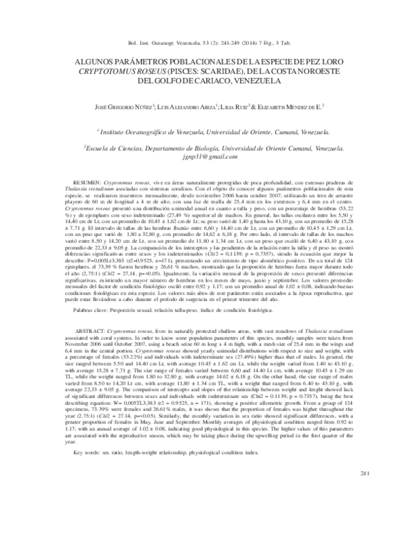 (PDF) Algunos Parámetros Poblacionales De La Especie De Pez Loro ...