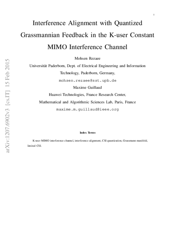 (PDF) Interference Alignment With Quantized Grassmannian Feedback in the K-User Constant MIMO ...