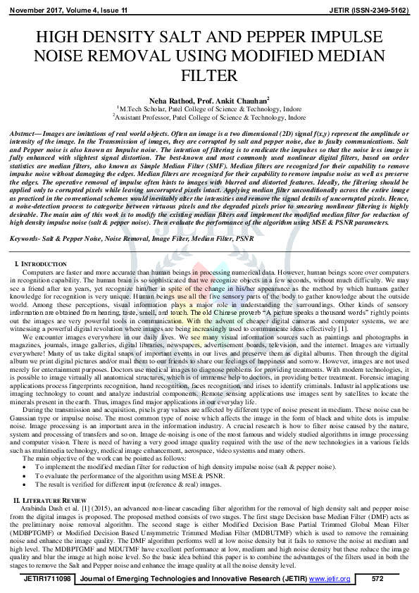 Pdf High Density Salt And Pepper Impulse Noise Removal Using Modified Median Filter