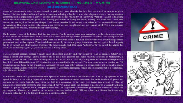 BEWARE: CRITIQUING AND DISSENTING AREN'T A CRIME DR. JOHN MOHAN RAZU