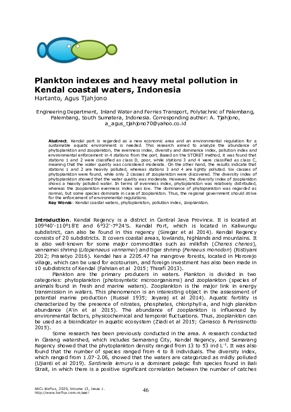 (PDF) Plankton indexes and heavy metal pollution in Kendal coastal ...