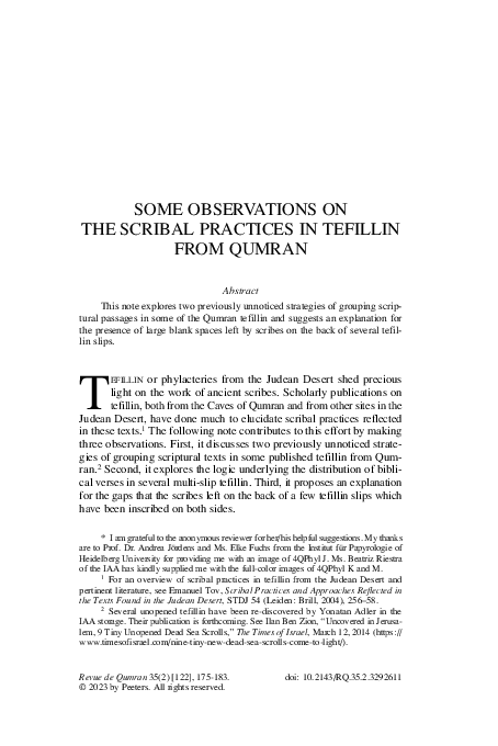 (PDF) SOME OBSERVATIONS ON THE SCRIBAL PRACTICES IN TEFILLIN FROM QUMRAN