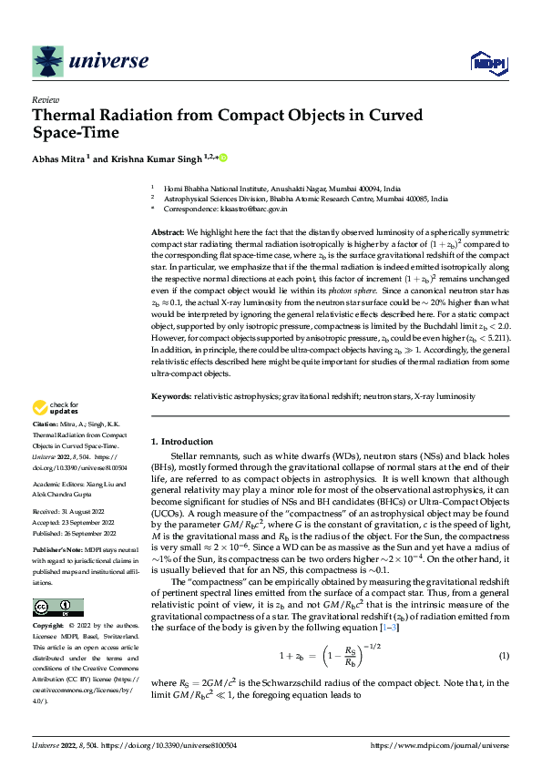 (PDF) Thermal Radiation from Compact Objects in Curved Space-Time