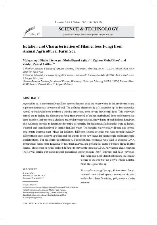 (PDF) SCIENCE & TECHNOLOGY Isolation and Characterisation of Filamentous Fungi from Animal ...