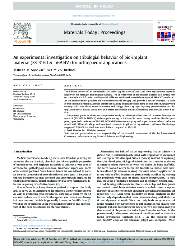 (PDF) An experimental investigation on tribologial behavior of bio-implant material (SS-316 l ...