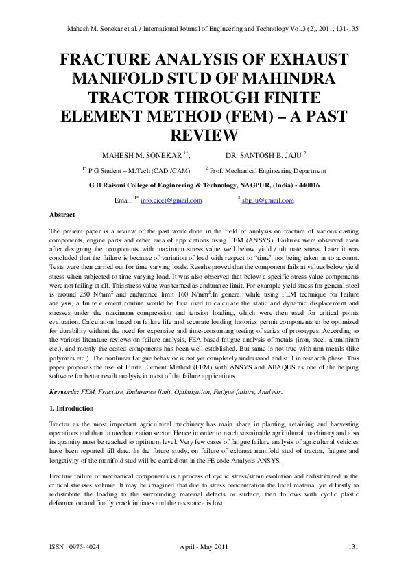 (PDF) Fracture Analysis of Exhaust Manifold Stud of Mahindra Tractor Through Finite Element ...