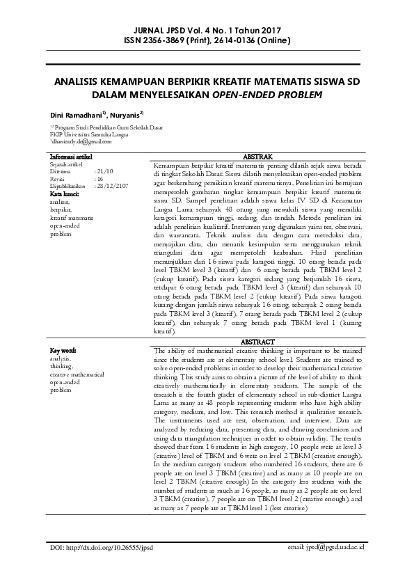 (PDF) Analisis Kemampuan Berpikir Kreatif Matematis Siswa SD Dalam Menyelesaikan Open-Ended ...