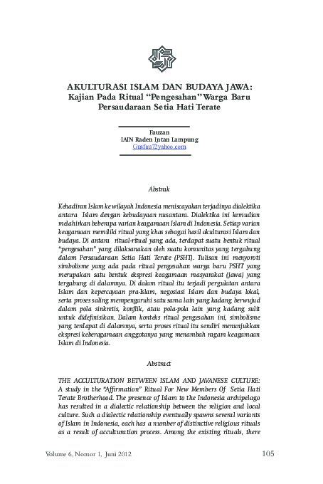 (PDF) AKULTURASI ISLAM DAN BUDAYA JAWA: Kajian Pada Ritual “Pengesahan” Warga Baru Persaudaraan ...