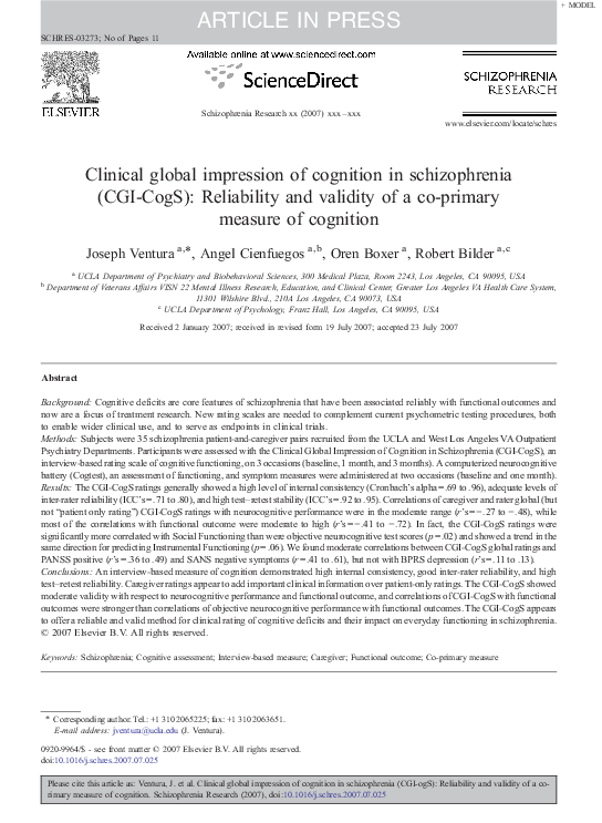 (PDF) Clinical global impression of cognition in schizophrenia (CGI ...