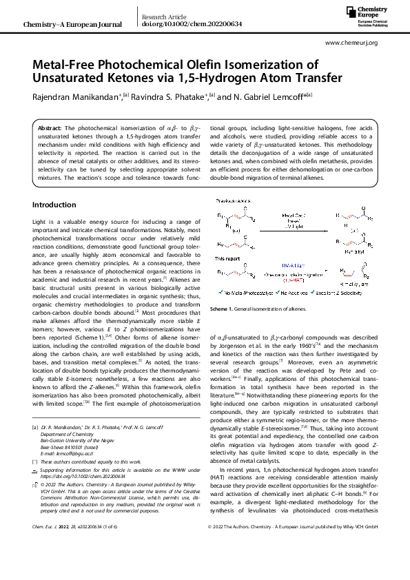 (PDF) Metal‐Free Photochemical Olefin Isomerization of Unsaturated ...