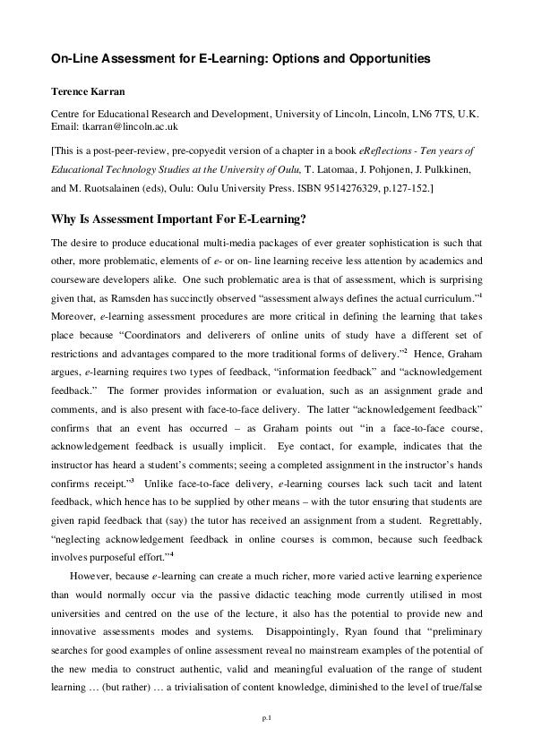 (PDF) On-line assessment for e-learning: options and opportunities