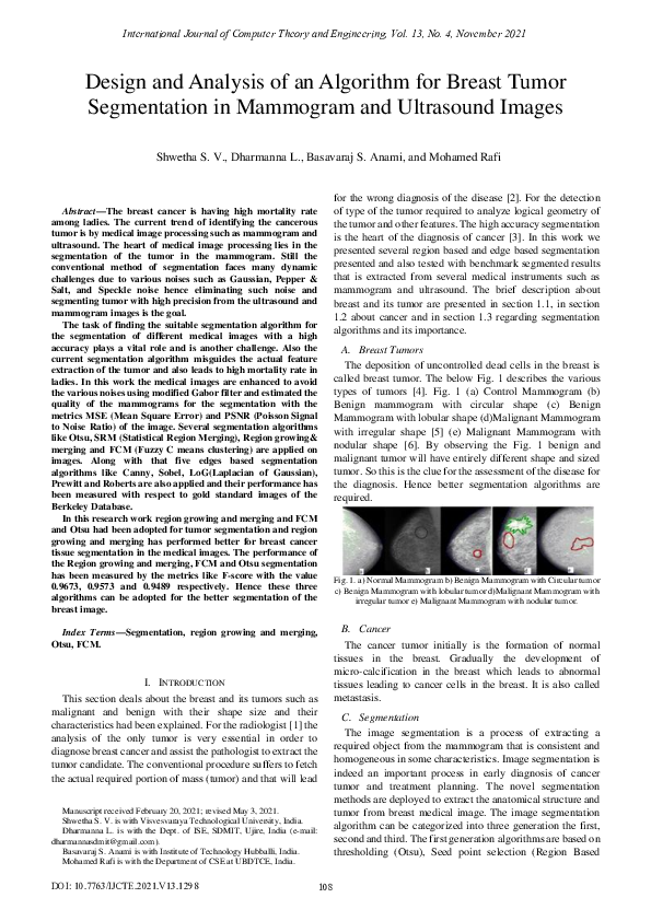 Pdf Design And Analysis Of An Algorithm For Breast Tumor Segmentation