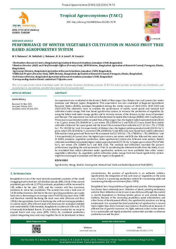 (PDF) Performance of Winter Vegetables Cultivation in Mango Fruit Tree Based Agroforestry System
