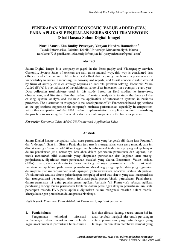 (PDF) PENERAPAN METODE ECONOMIC VALUE ADDED (EVA) PADA APLIKASI PENJUALAN BERBASIS YII FRAMEWORK ...