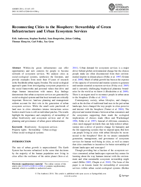 (PDF) Reconnecting Cities to the Biosphere: Stewardship of Green ...