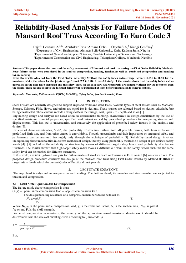 (PDF) Reliability-Based Analysis For Failure Modes Of Mansard Roof Truss According To Euro Code 3