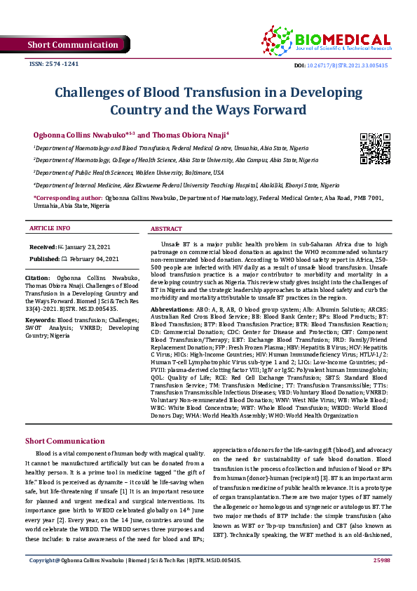 (PDF) Challenges of Blood Transfusion in a Developing Country and the ...