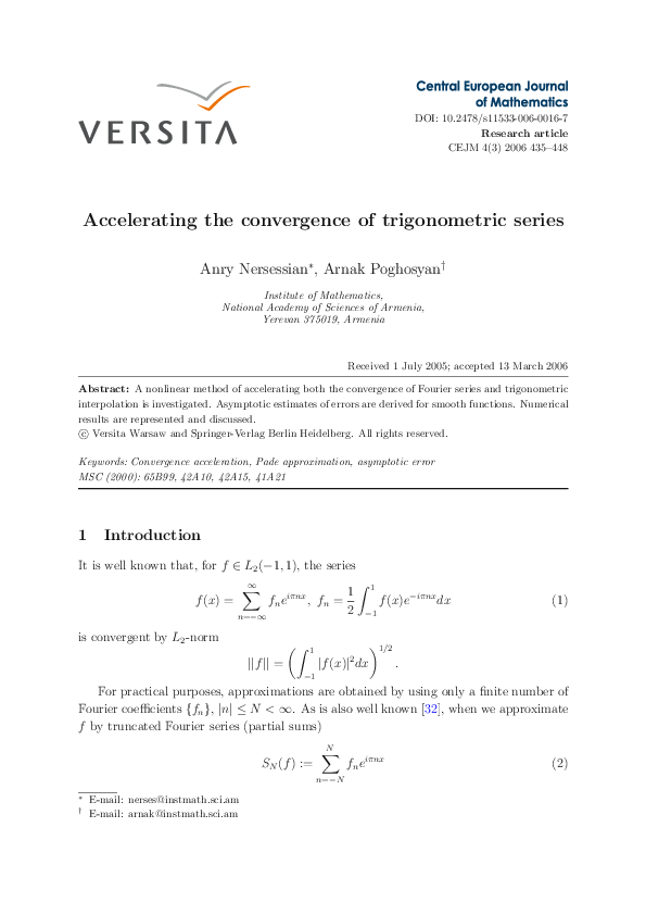 (PDF) Accelerating the convergence of trigonometric series