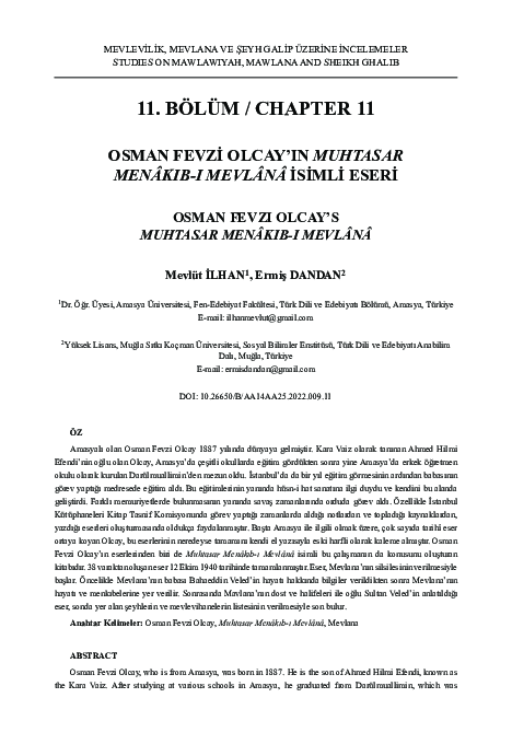 (PDF) Osman Fevzi Olcay’ın Muhtasar Menâkıb-ı Mevlânâ İsimli Eseri