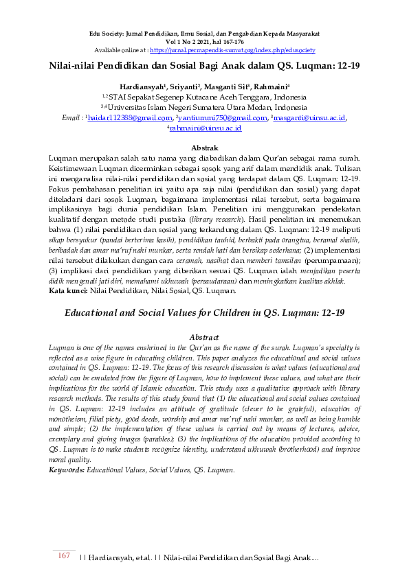 (PDF) Nilai-nilai Pendidikan dan Sosial Bagi Anak dalam QS. Luqman: 12-19