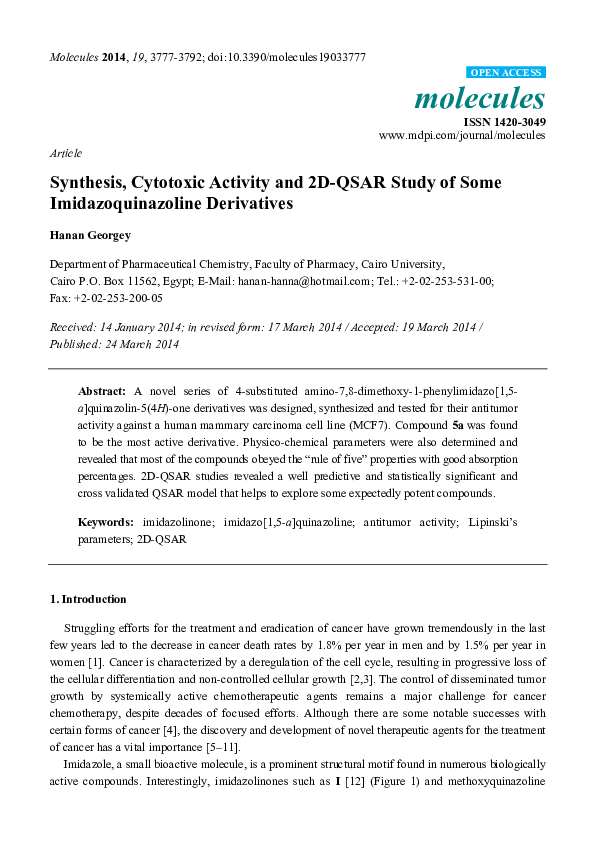 (PDF) Article Synthesis, Cytotoxic Activity and 2D-QSAR Study of Some Imidazoquinazoline Derivatives