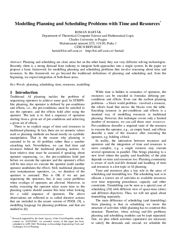 (PDF) Modelling Planning and Scheduling Problems with Time and Resources