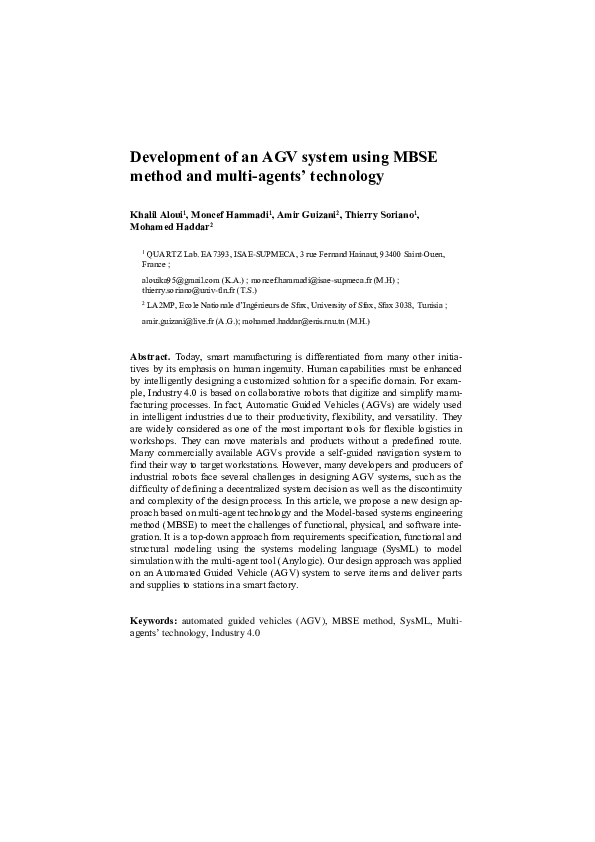Pdf Development Of An Agv System Using Mbse Method And Multi Agents Technology