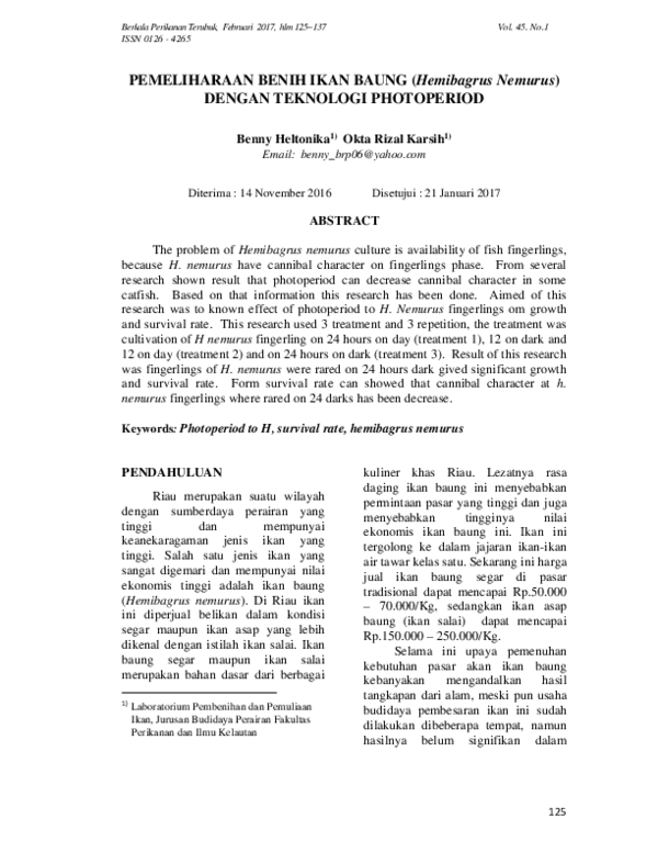 (PDF) PEMELIHARAAN BENIH IKAN BAUNG (Hemibagrus Nemurus) DENGAN ...