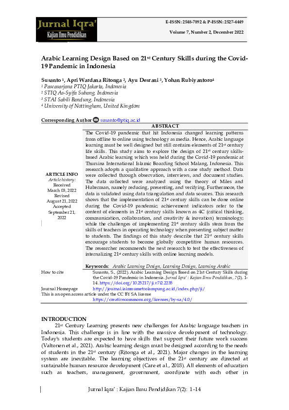 (PDF) Arabic Learning Design Based on 21st Century Skills during the Covid-19 Pandemic in Indonesia