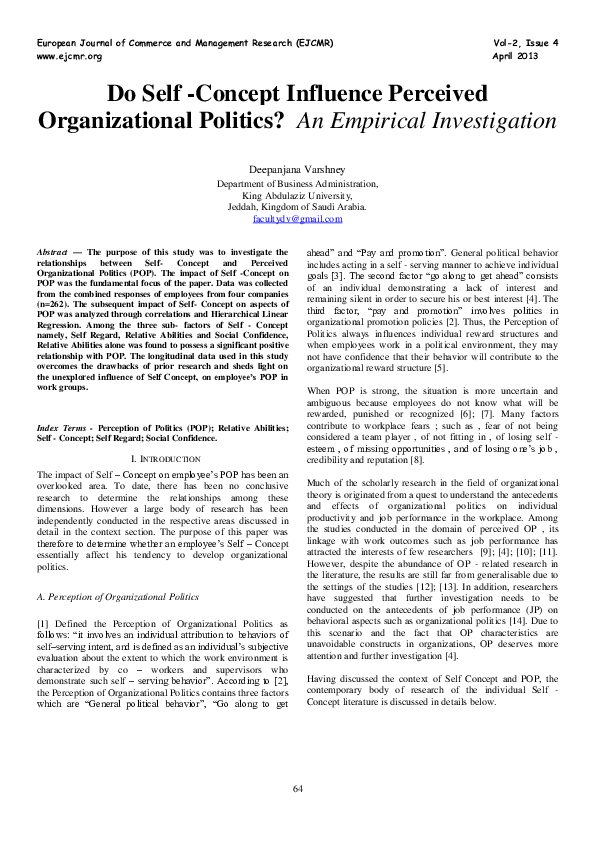 (PDF) Do Self-Concept influence Perceived Organizational Politics ? An Empirical Investigation