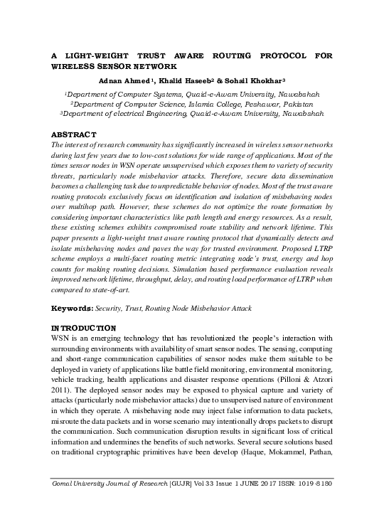 Pdf A Trust Aware Routing Protocol For Energy Constrained Wireless Sensor Network Muhammad