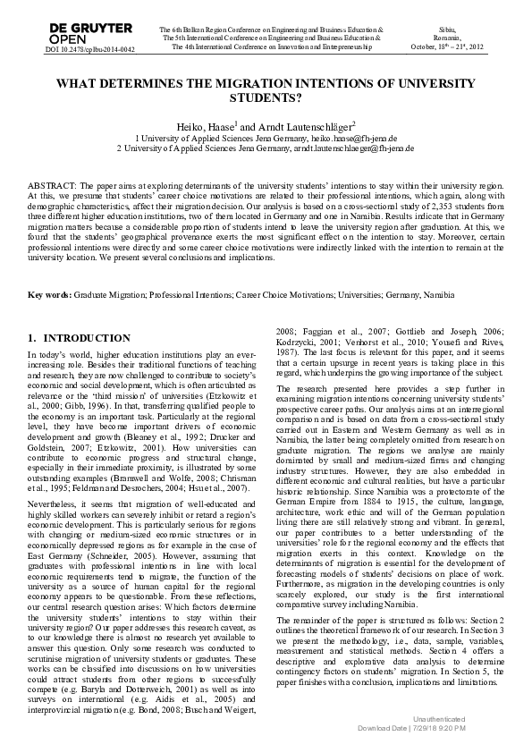 (PDF) What Determines The Migration Intentions Of University Students?