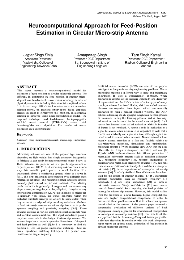 (PDF) Neurocomputational Approach for Feed-Position Estimation in Circular Micro-strip Antenna ...