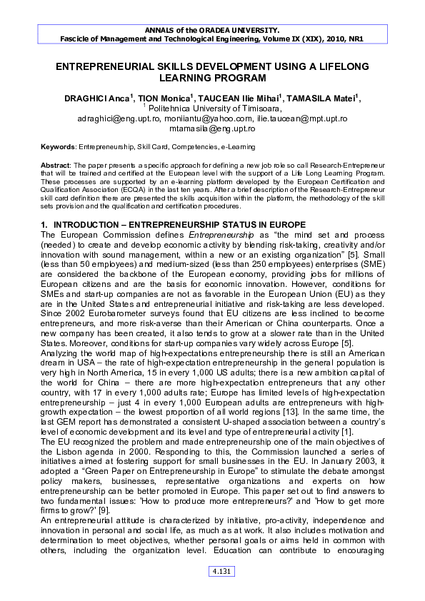 (PDF) Entrepreneurial Skills Development Using a Lifelong Learning Program