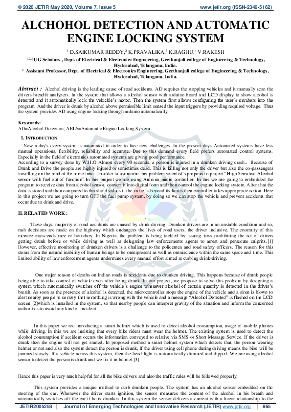 (PDF) Alcohol Detection and Automatic Engine Locking System