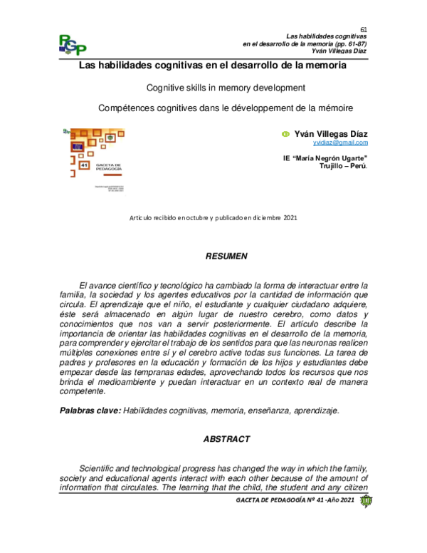 (PDF) Las habilidades cognitivas en el desarrollo de la memoria