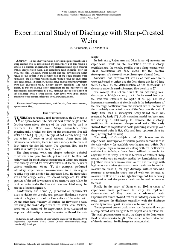 (PDF) Experimental Study of Discharge with Sharp-Crested Weirs