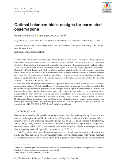 (PDF) Optimal balanced block designs for correlated observations | Razieh Khodsiani - Academia.edu