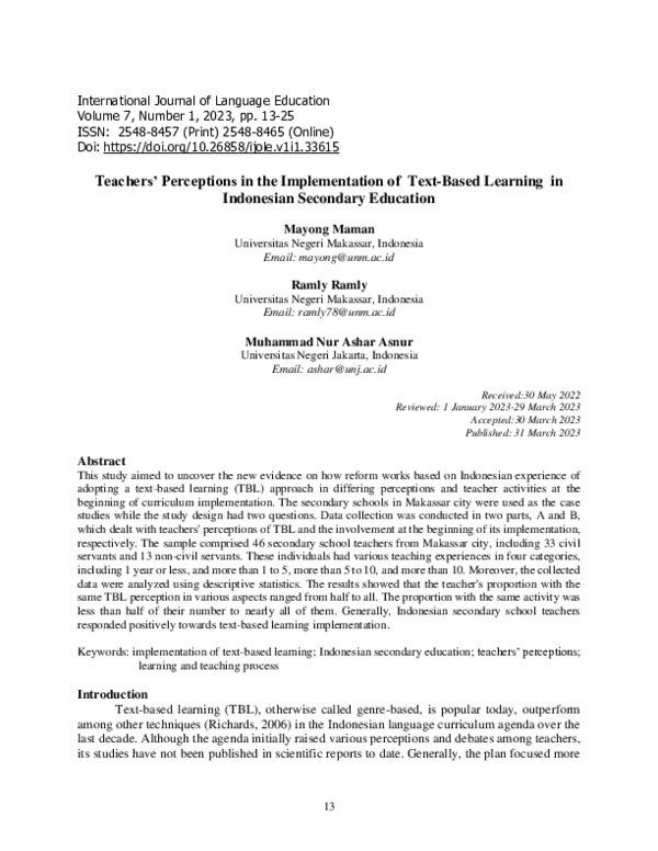 (PDF) Teachers’ Perceptions in the Implementation of Text-Based Learning in Indonesian Secondary ...