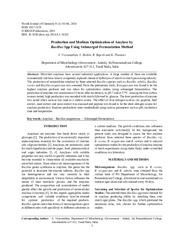 (PDF) Production and Medium Optimization of Amylase by Bacillus Spp Using Submerged Fermentation ...